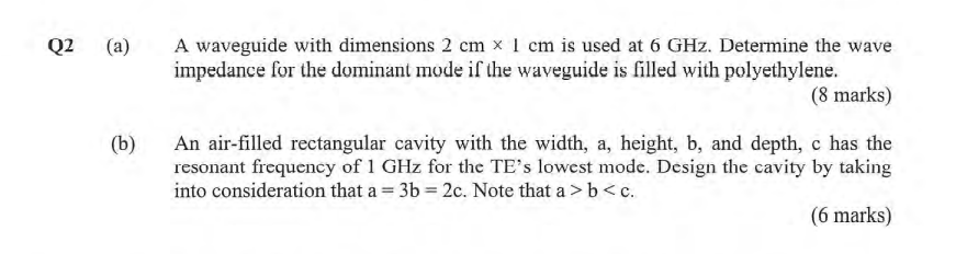 Solved Q2 (a) (b) A waveguide with dimensions 2 cm x 1 cm is | Chegg.com