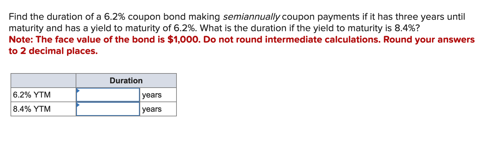 Solved Find the duration of a 6.2% coupon bond making | Chegg.com