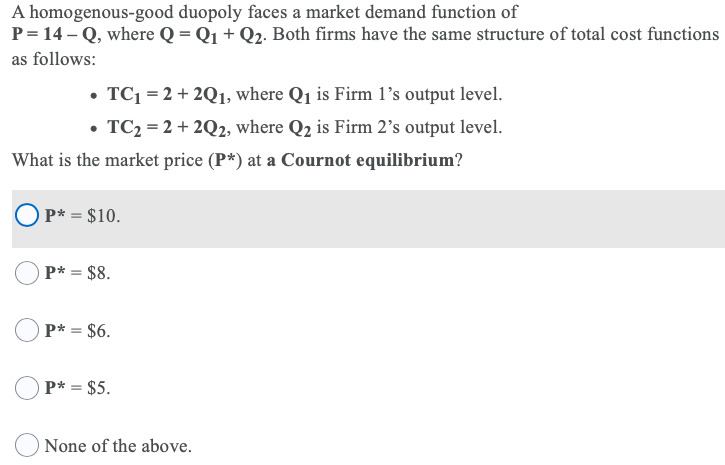 Solved A homogenous-good duopoly faces a market demand | Chegg.com
