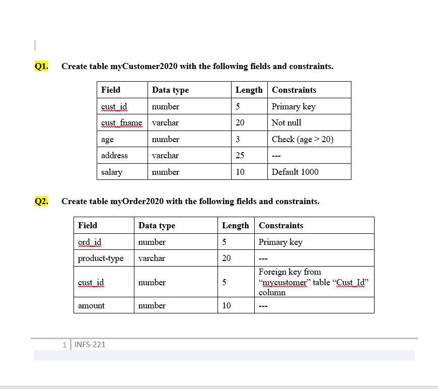 Solved Q1. Create table myCustomer2020 with the following | Chegg.com