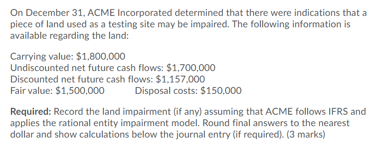 Solved On December 31, ACME Incorporated determined that | Chegg.com