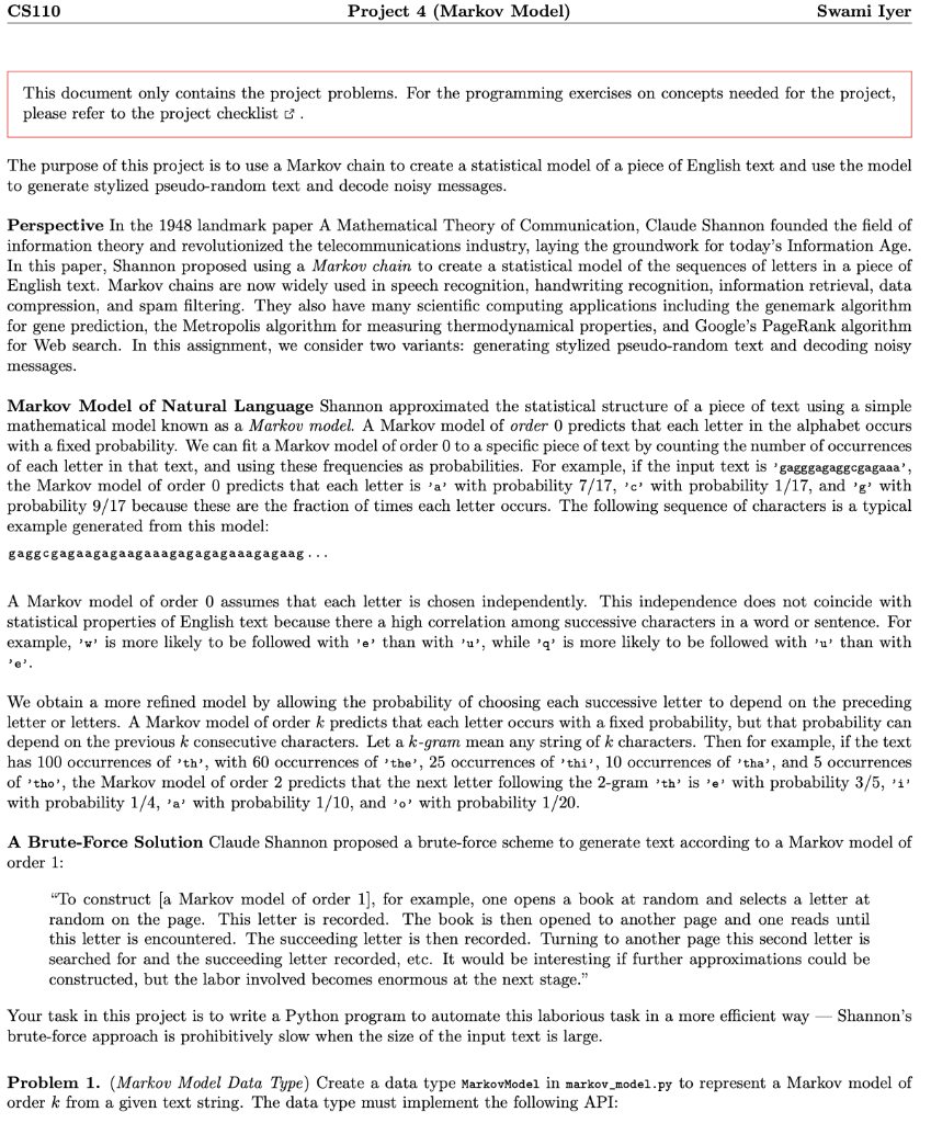 CS110 Project 4 (Markov Model) Swami Iyer method | Chegg.com