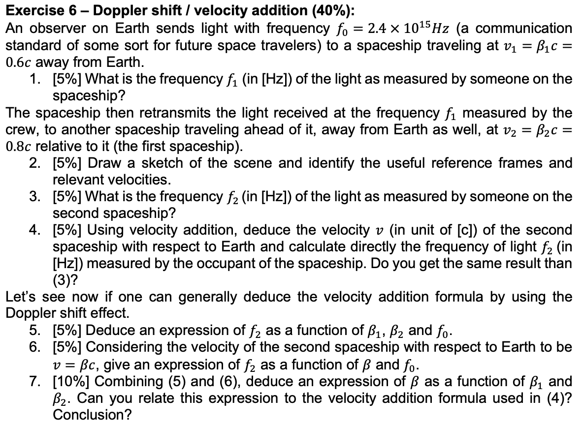 Solved Exercise 6 - Doppler shift / velocity addition | Chegg.com