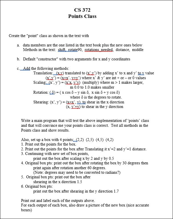 Solved CS 372 Points Class Create the "point" class as shown | Chegg.com