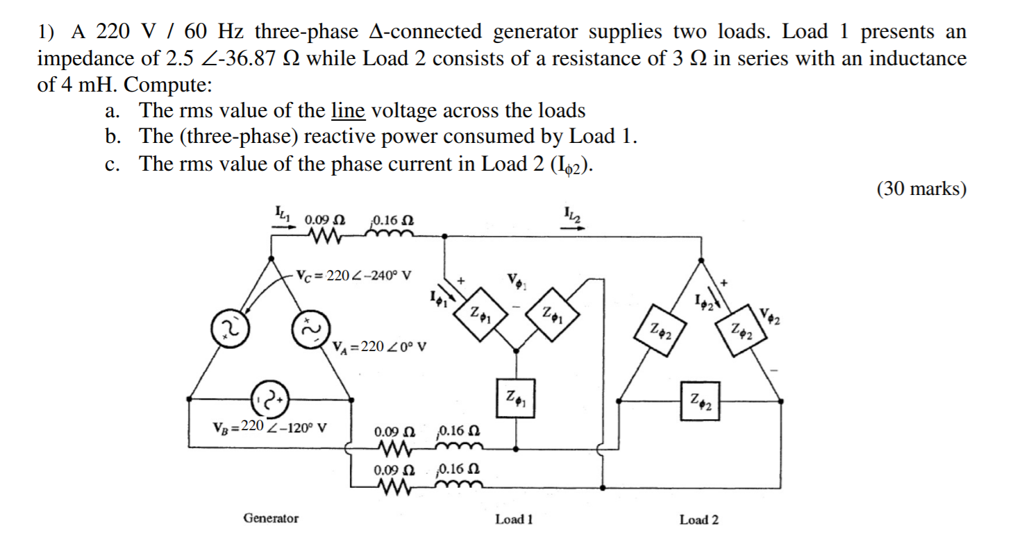 Solved 1) A 220 V / 60 Hz three-phase A-connected generator | Chegg.com