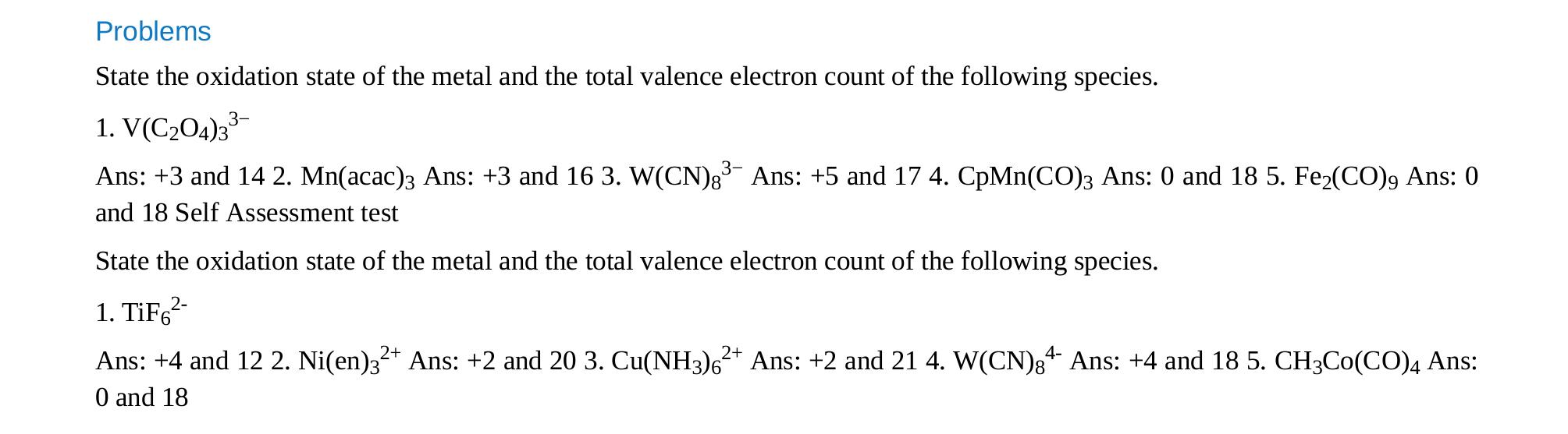 Solved Problems State the oxidation state of the metal and | Chegg.com