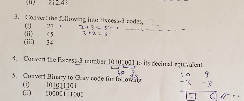 Solved (11) 212.43 2 3. Convert the following into Excess-3 | Chegg.com