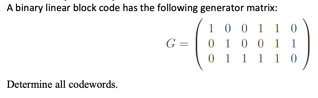 Solved A binary linear block code has the following | Chegg.com