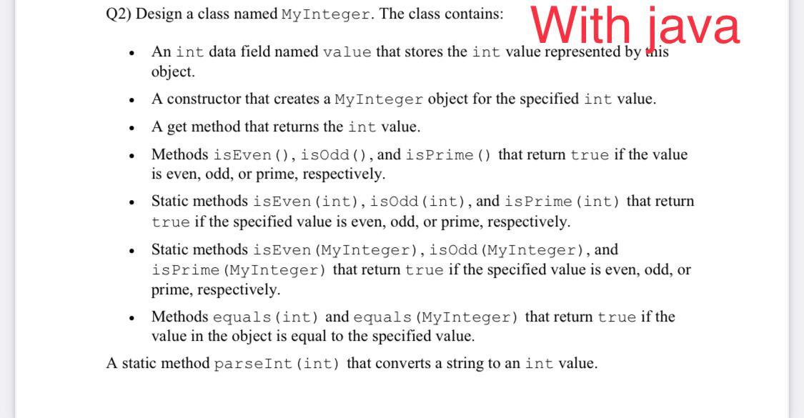 Solved (2) Design a class named MyInteger. The class | Chegg.com