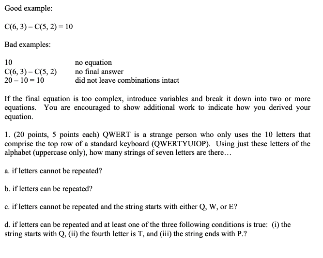 Solved Good example: C(6,3)-C(5, 2) = 10 Bad examples: 10 | Chegg.com