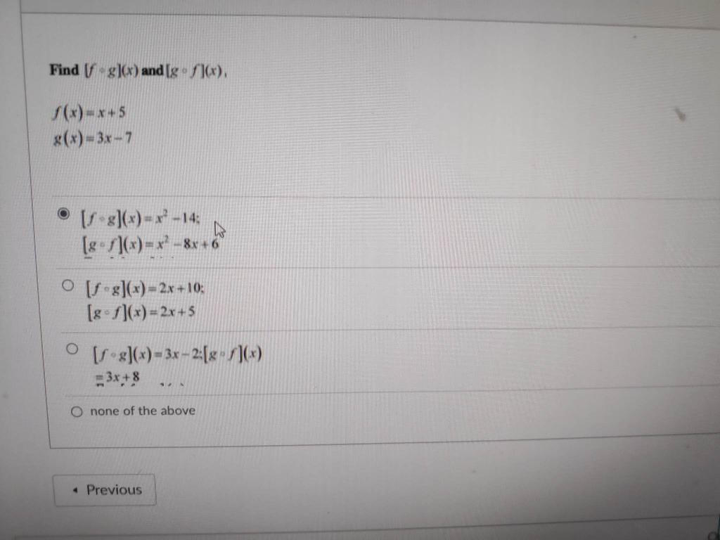 Solved f(x)=3x+10g(x)=x−2 Find g(f(x)) 3x+8 3x−2 3x+4 none | Chegg.com