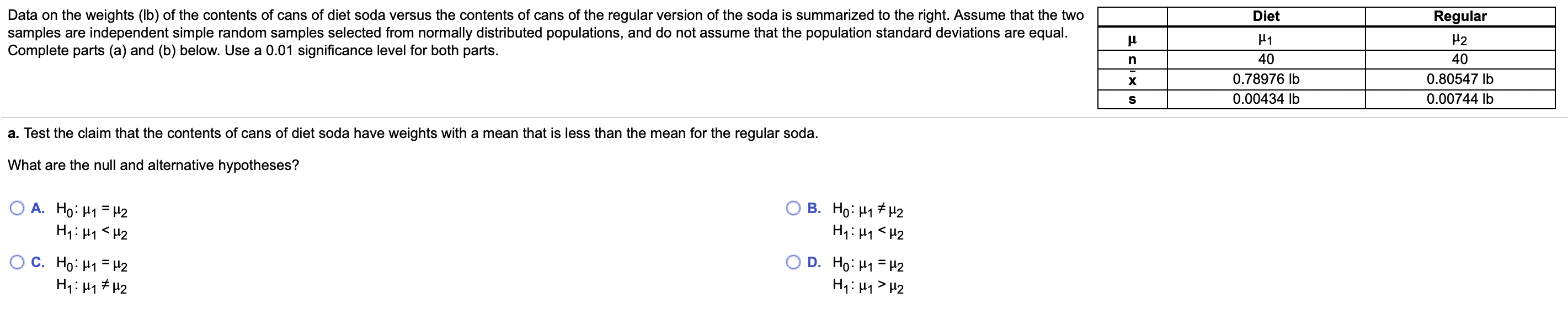 Solved Diet Regular Data on the weights (lb) of the contents | Chegg.com