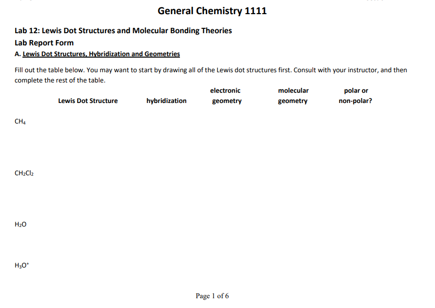 Solved General Chemistry 1111 Lab 12: Lewis Dot Structures | Chegg.com
