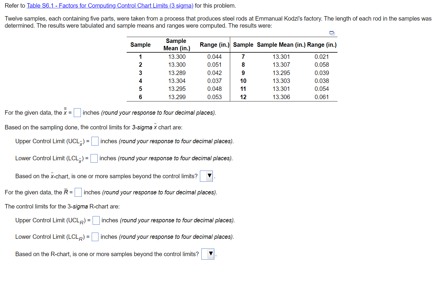 Solved Refer to Table S6.1 - Factors for Computing Control | Chegg.com
