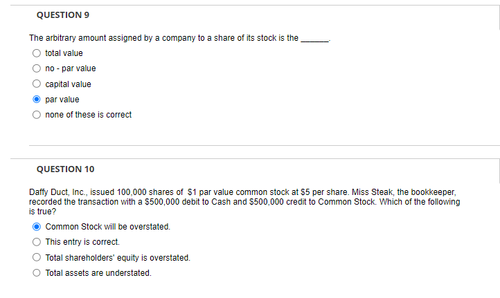 Solved The arbitrary amount assigned by a company to a share | Chegg.com