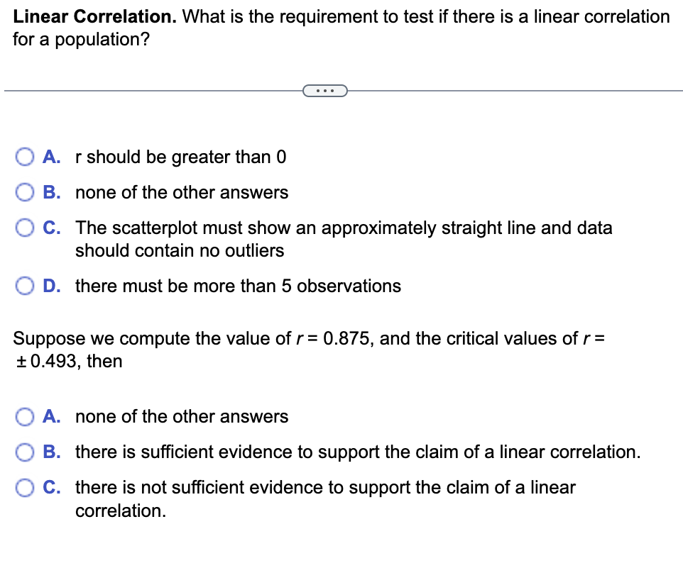 Solved Linear Correlation. What is the requirement to test | Chegg.com