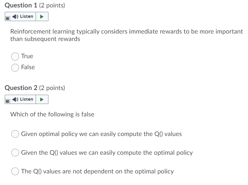 Solved Question 1 (2 points) Listen Reinforcement learning | Chegg.com