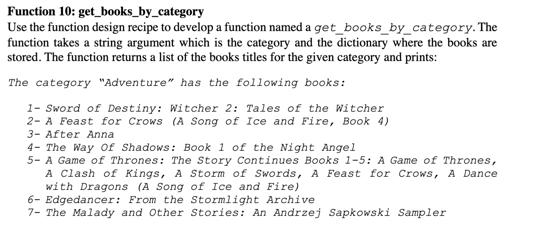 Solved Function 10: get_books_by_category Use the function | Chegg.com