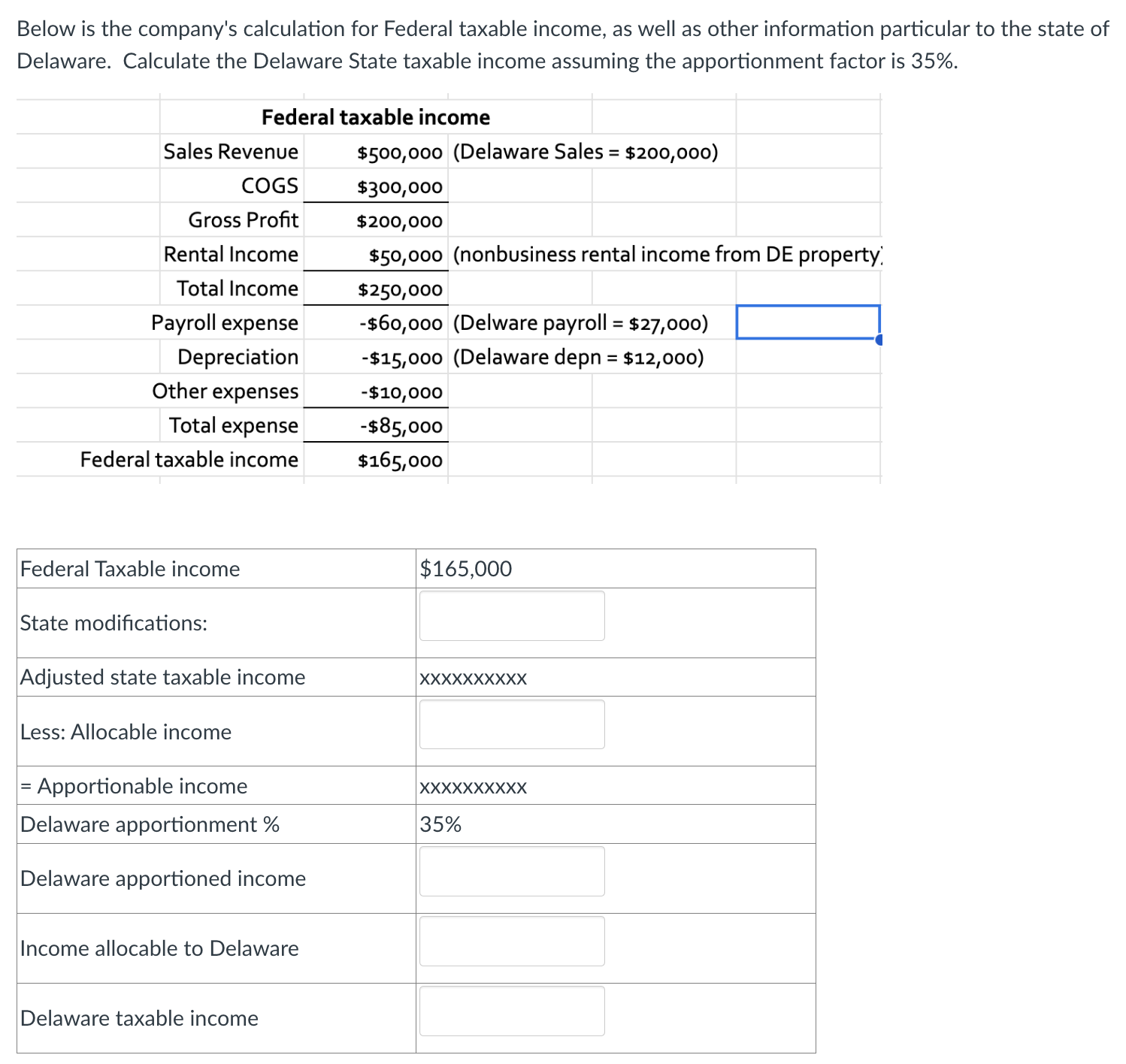 Below is the company's calculation for Federal | Chegg.com