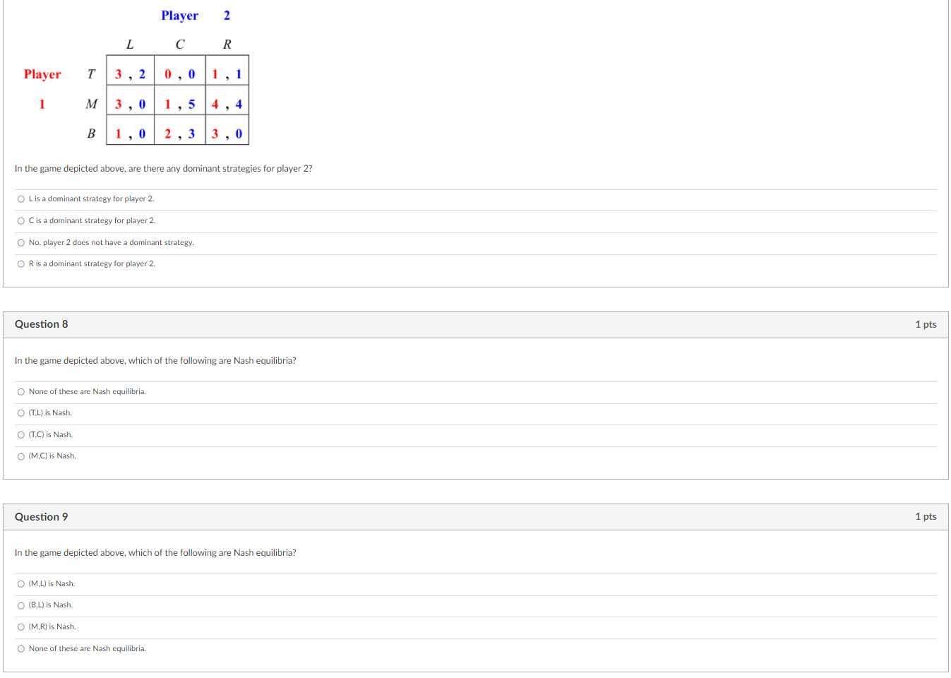 Solved Player 2 L с R Player T 3,2 0,0 1,1 1 M 3,0 1,5 4,4 B | Chegg.com