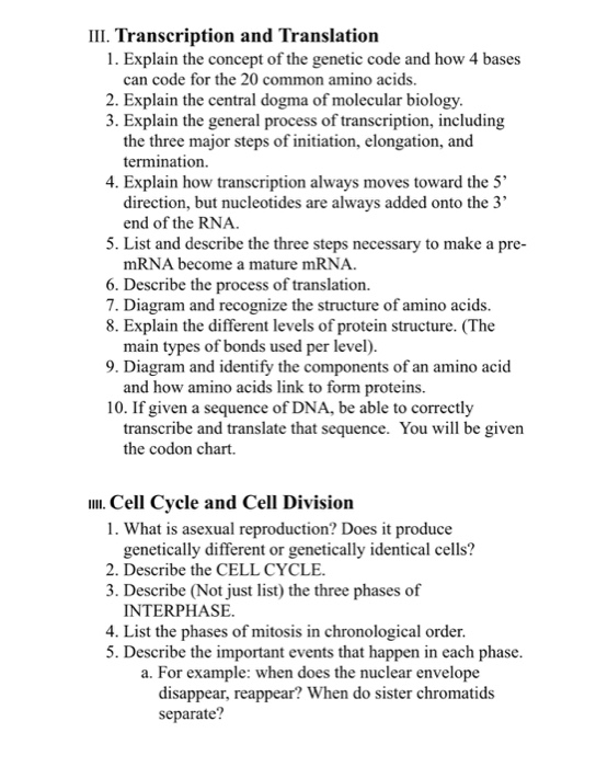 Solved III. Transcription and Translation 1. Explain the | Chegg.com