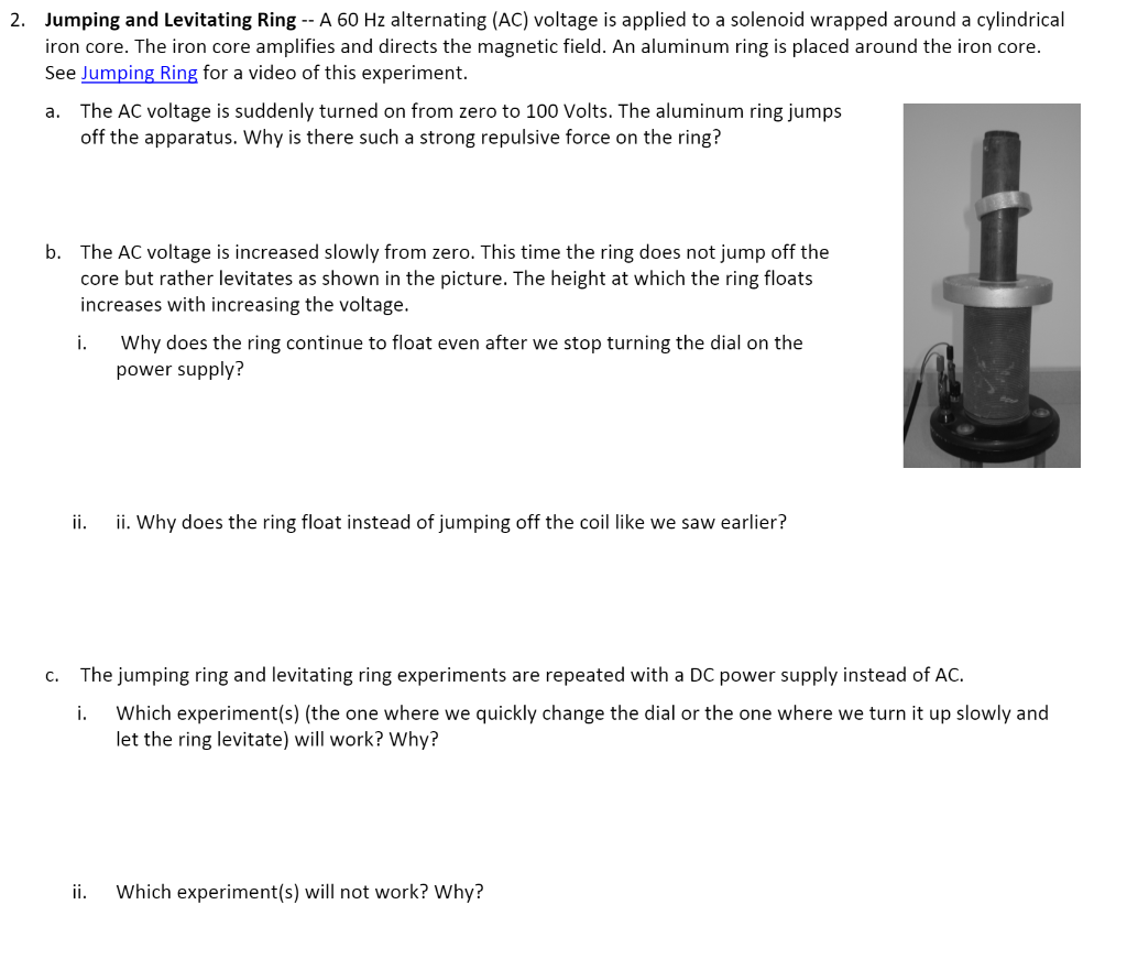 Solved 2. Jumping and Levitating Ring -- A 60 Hz alternating | Chegg.com