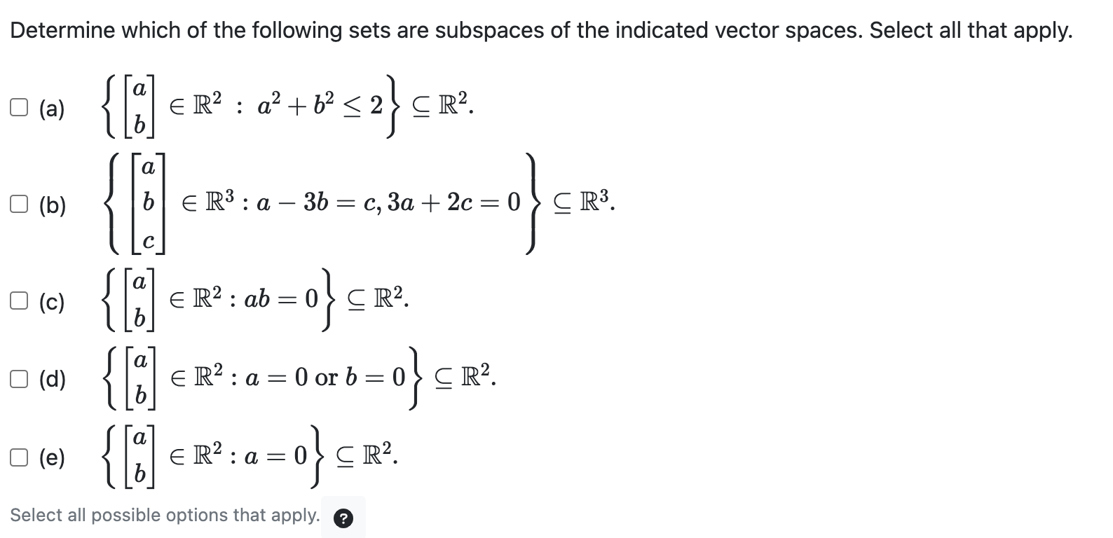 Solved Determine which of the following sets are subspaces | Chegg.com