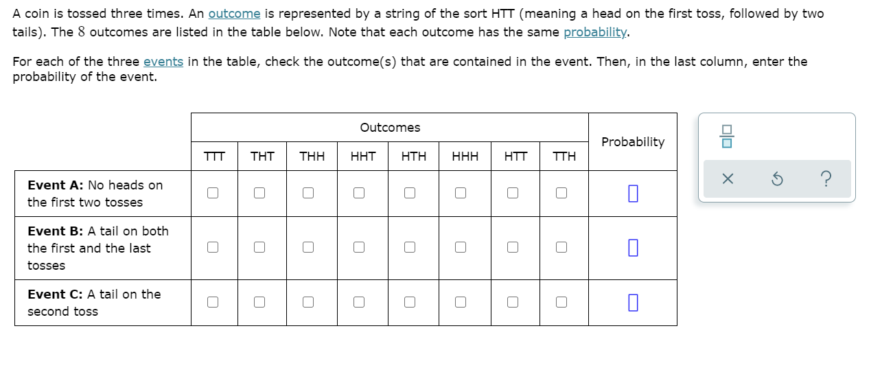 Solved A coin is tossed three times. An outcome is | Chegg.com