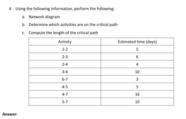 Solved 4. Using the following information, perform the | Chegg.com