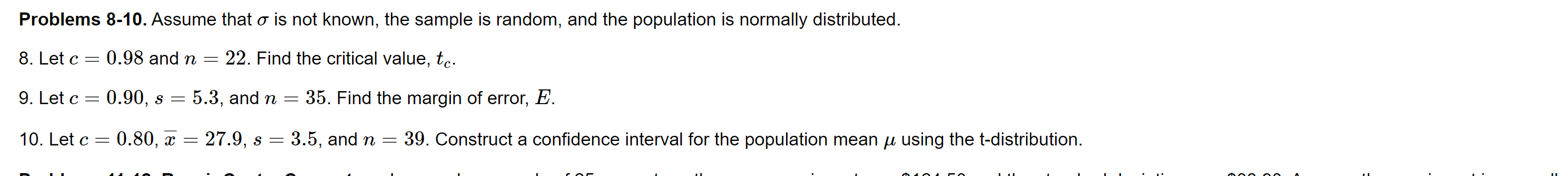 Solved Problems 8-10. Assume that σ is not known, the sample | Chegg.com