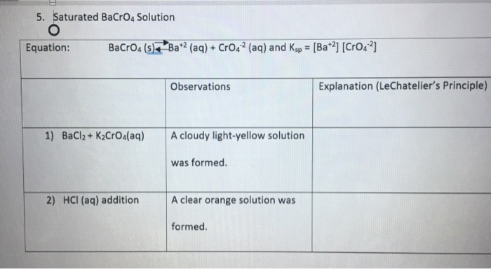 Solved 5. Saturated BaCrO4 Solution BaCrO4 (s) Ba*2 (aq) | Chegg.com