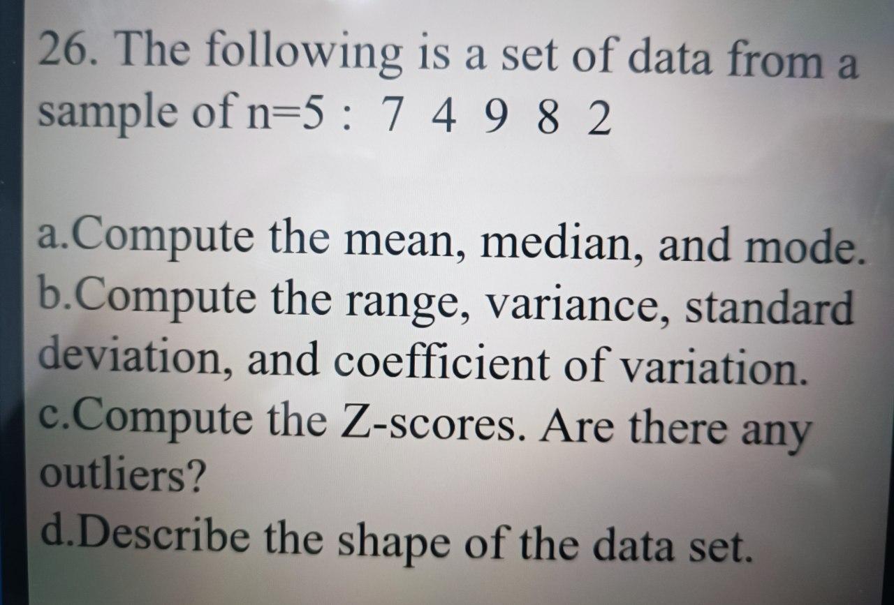 Solved 26. The following is a set of data from a sample of | Chegg.com