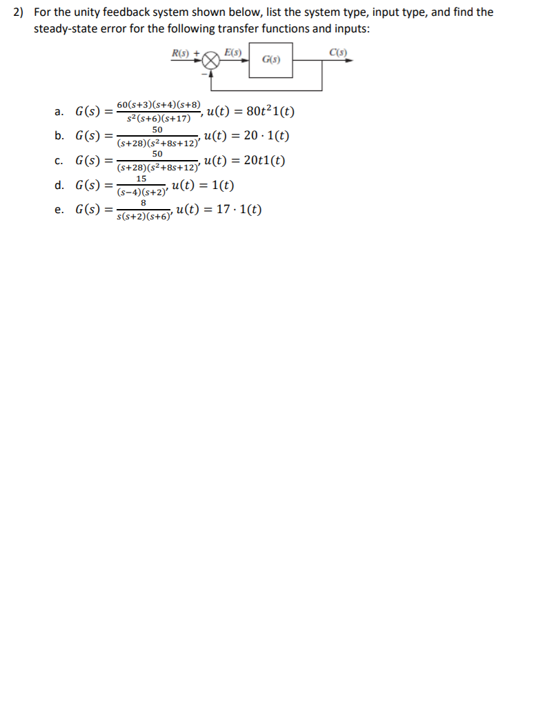 Solved For the unity feedback system shown below, list the | Chegg.com Solved For the unity feedback system shown below, list the | Chegg.com