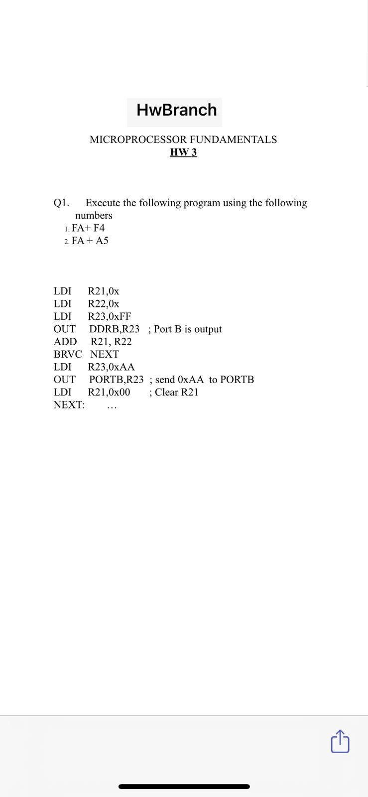 Solved HwBranch MICROPROCESSOR FUNDAMENTALS HW 3 Q1. Execute | Chegg.com