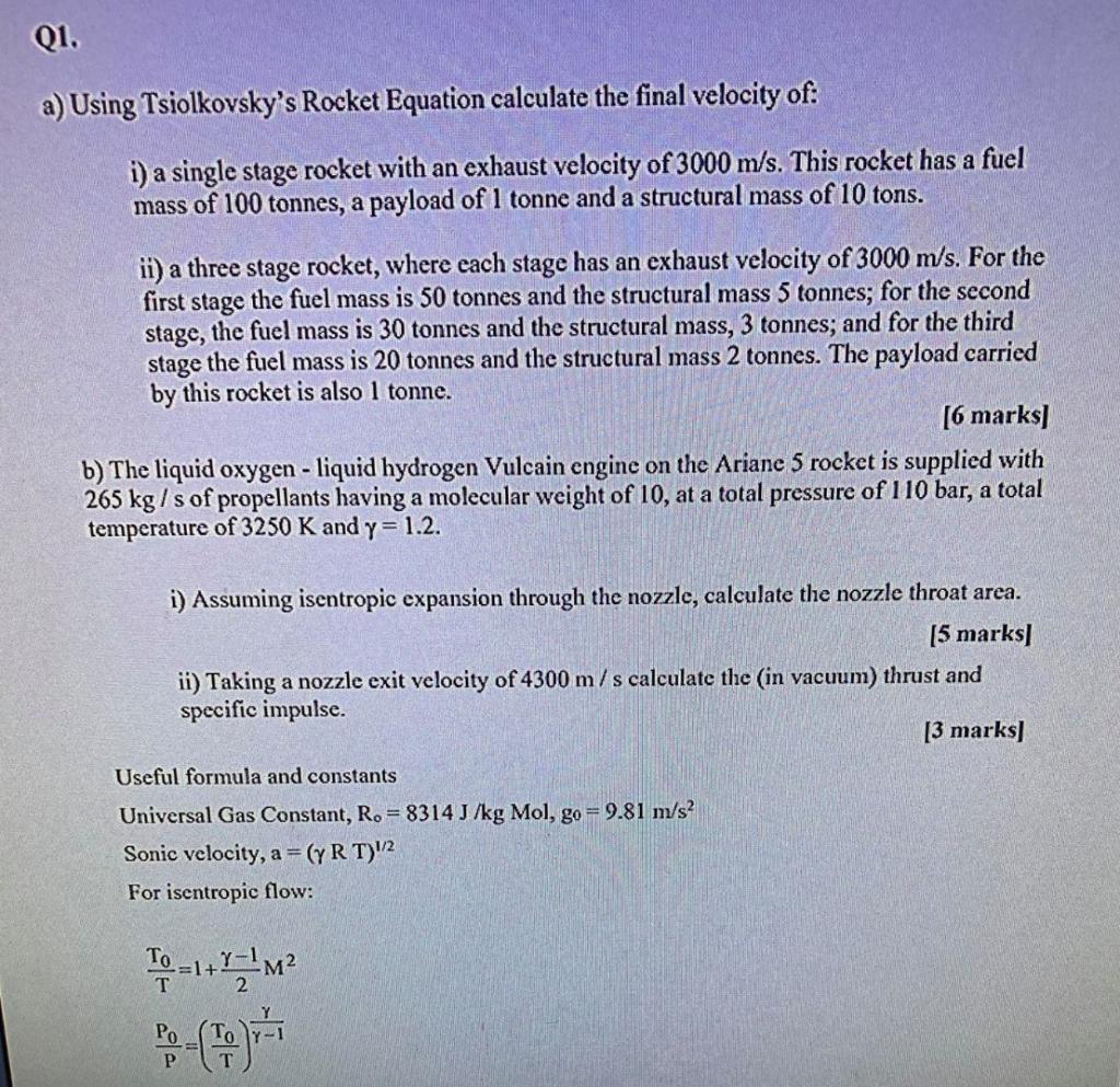 Q1. a) Using Tsiolkovsky's Rocket Equation calculate | Chegg.com