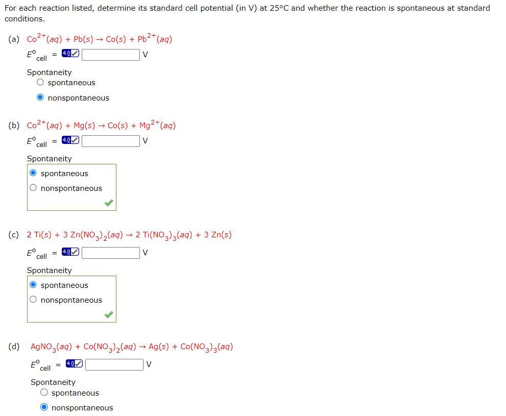 Solved For Each Reaction Listed Determine Its Standard Cell