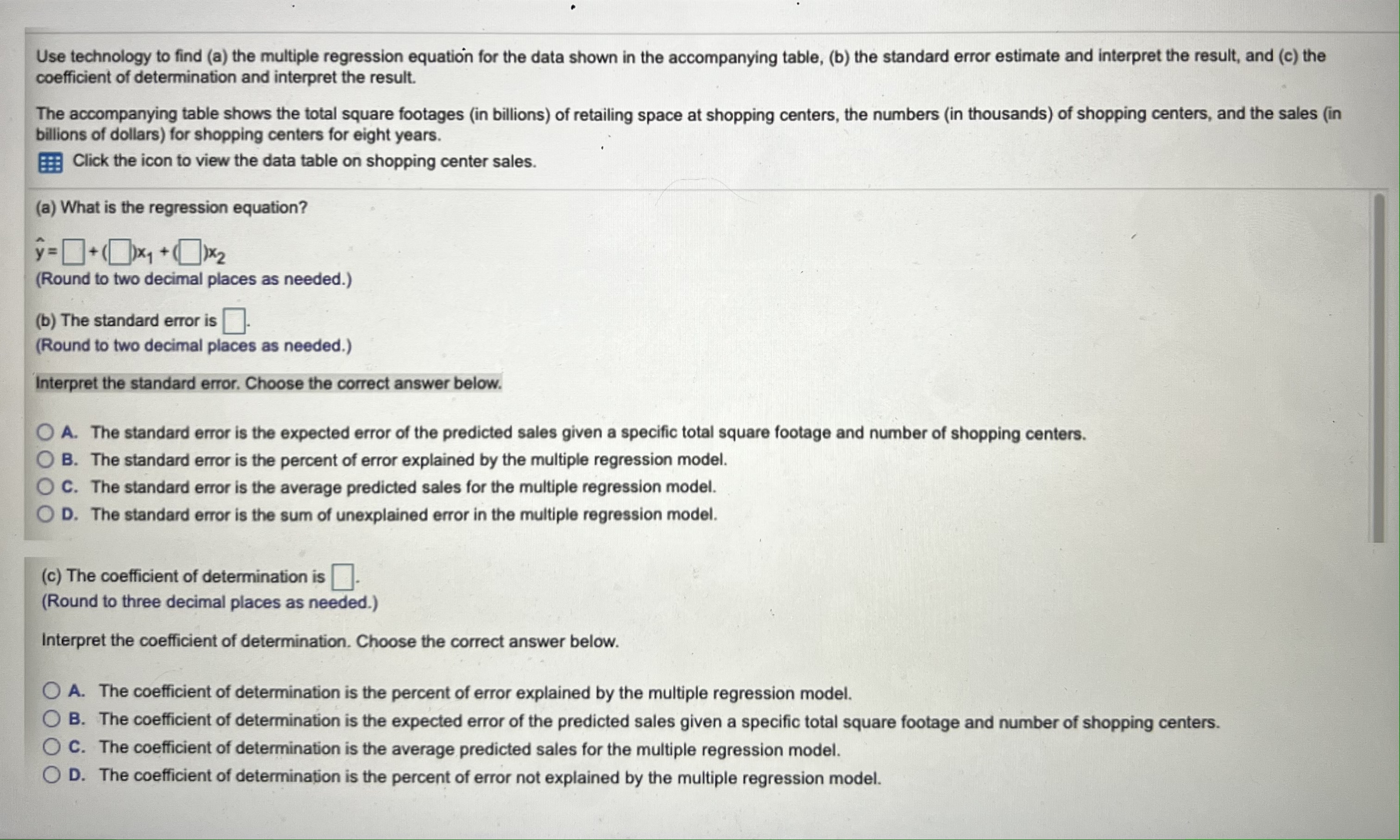 Solved Use technology to find (a) the multiple regression | Chegg.com