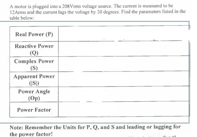 Solved A motor is plugged into a 208Vrms voltage source. The | Chegg.com