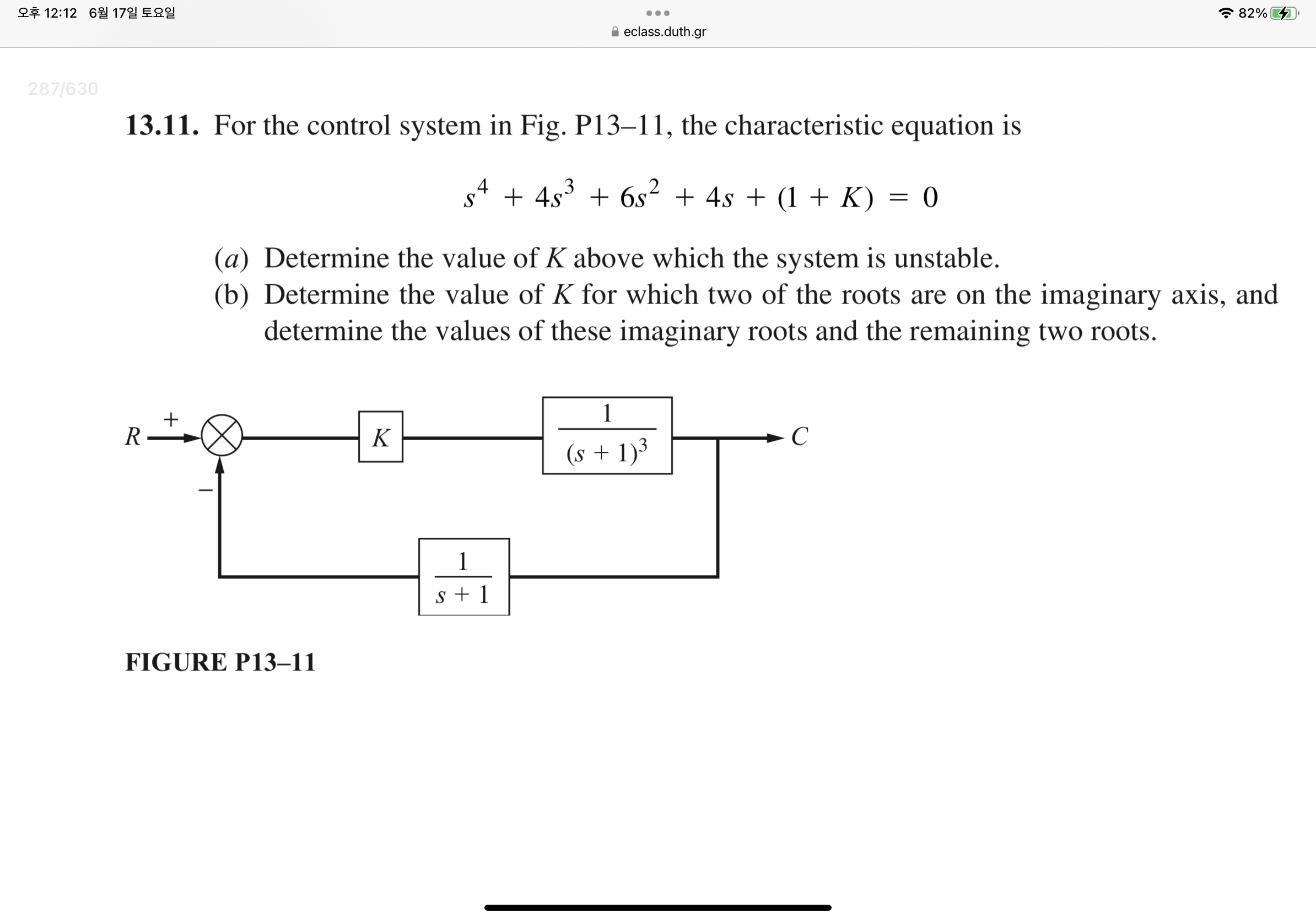 Solved 13.11. For the control system in Fig. P13-11, the | Chegg.com