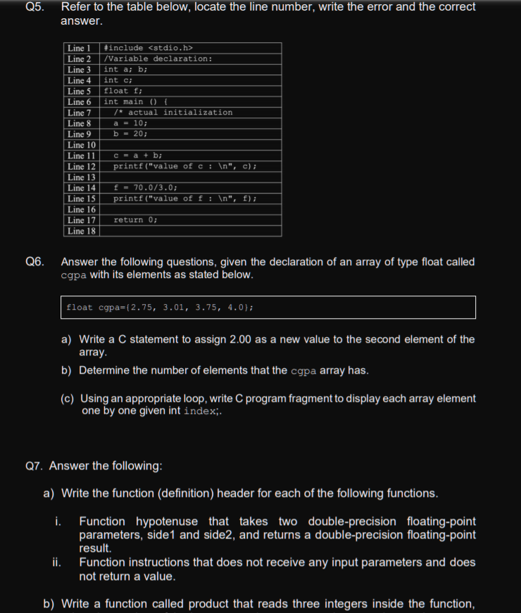 Solved Q1. Write the C codes to perform the following tasks: | Chegg.com