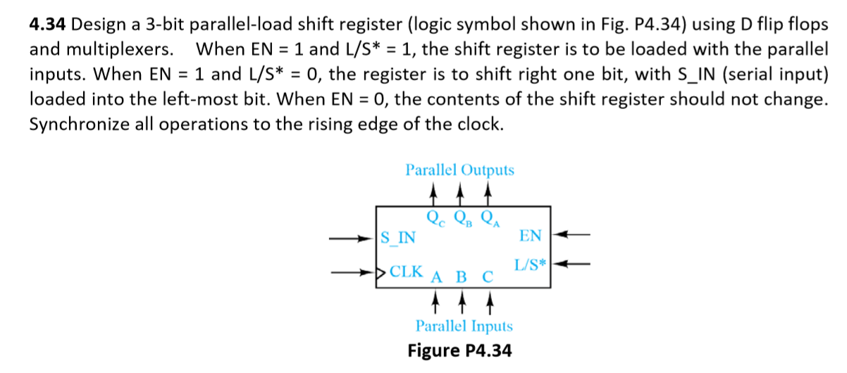 Solved 4.34 Design a 3-bit parallel-load shift register | Chegg.com