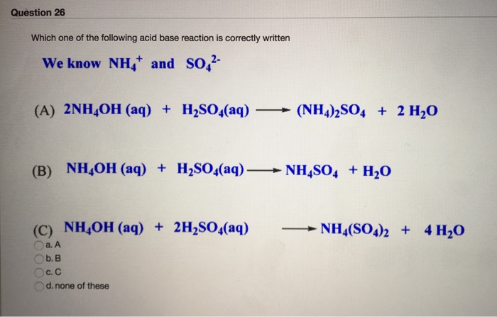 Solved Question 26 Which one of the following acid base | Chegg.com