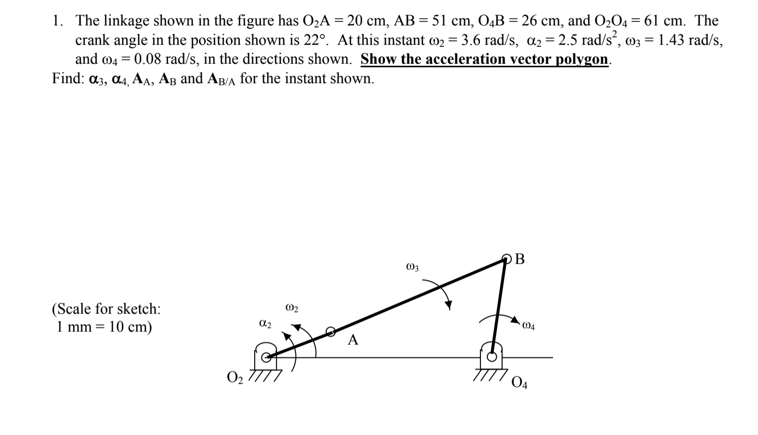 Solved 1. The linkage shown in the figure has O2A = 20 cm, | Chegg.com