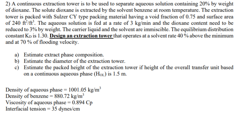 2) A continuous extraction tower is to be used to | Chegg.com