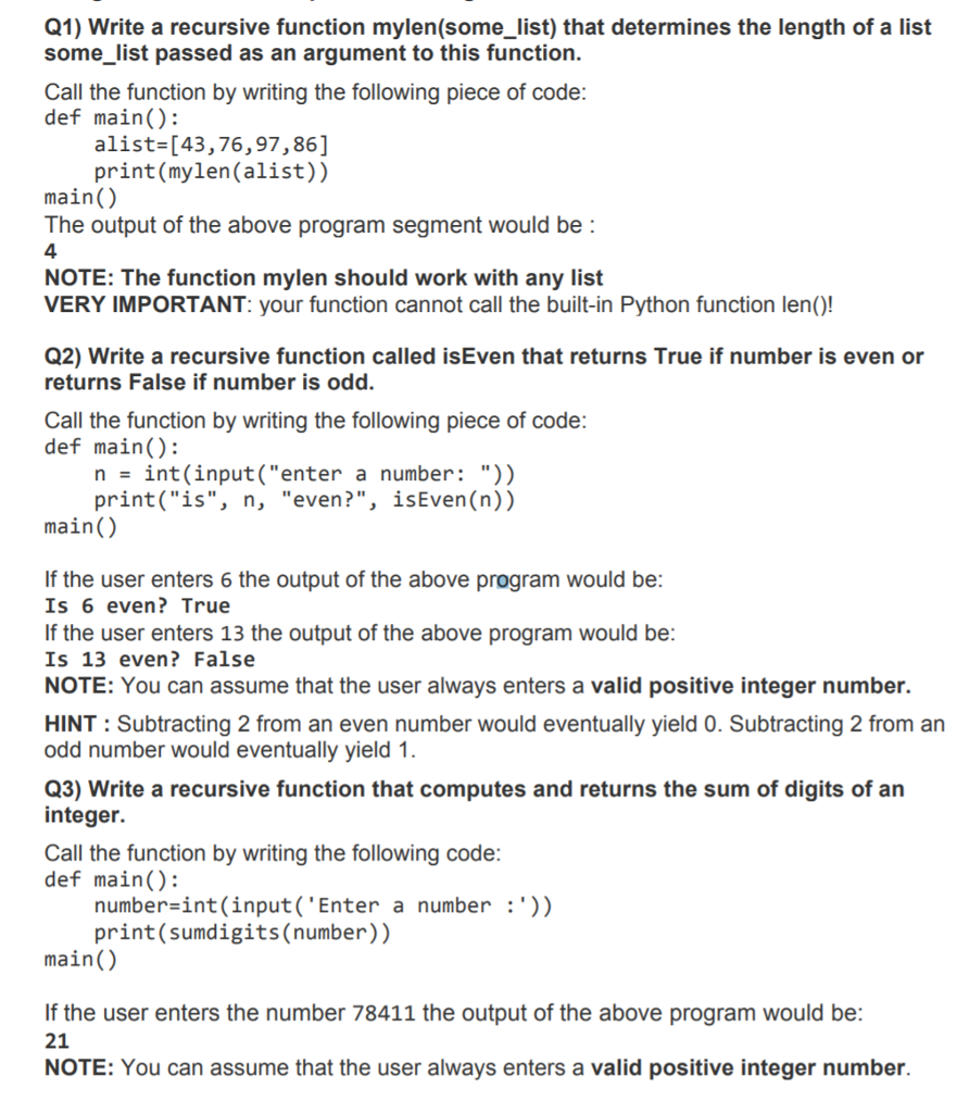 Solved Q1 Write A Recursive Function Mylen Some List That