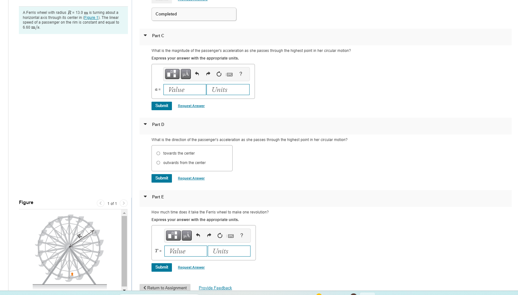 Solved A Ferris wheel with radius R=13.0 m is turning about | Chegg.com
