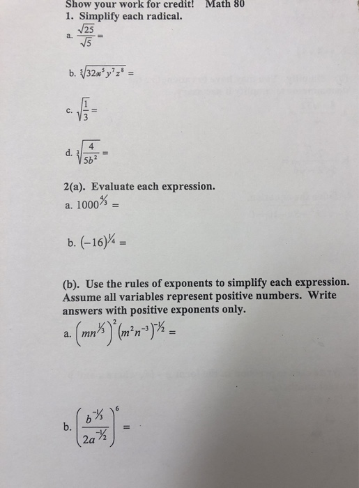 Solved Show your work for credit! 1. Simplify each radical. | Chegg.com