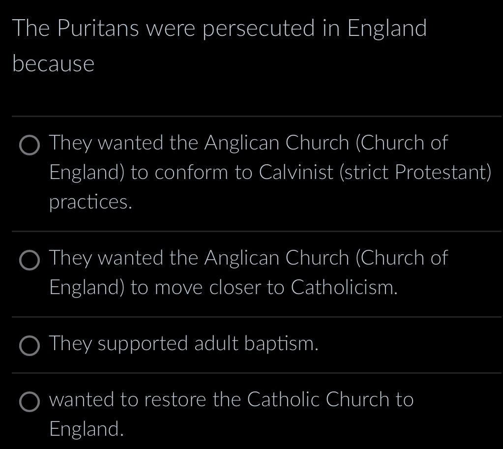 The Puritans were persecuted in England pecause They | Chegg.com