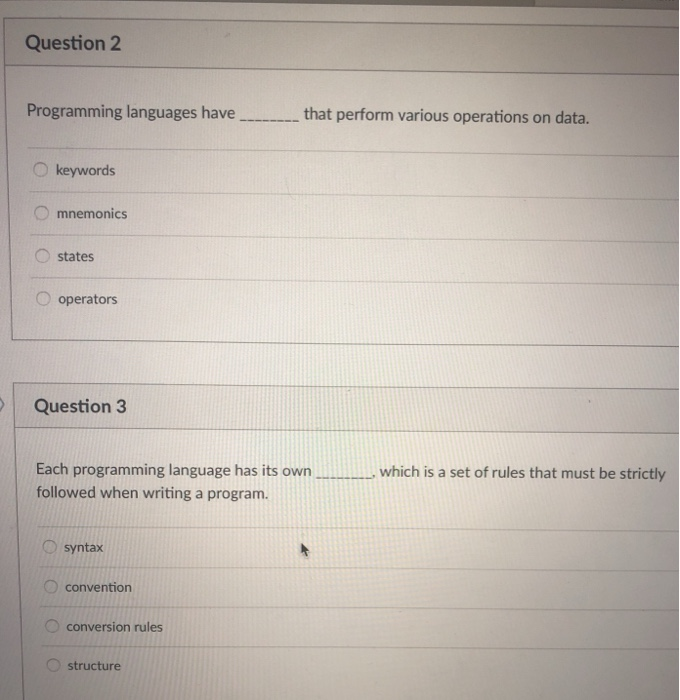 Solved Question 2 Programming languages have.that perform | Chegg.com