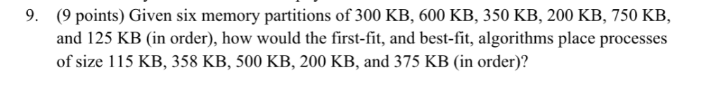 Solved (9 points) Given six memory partitions of 300 KB, 600 | Chegg.com